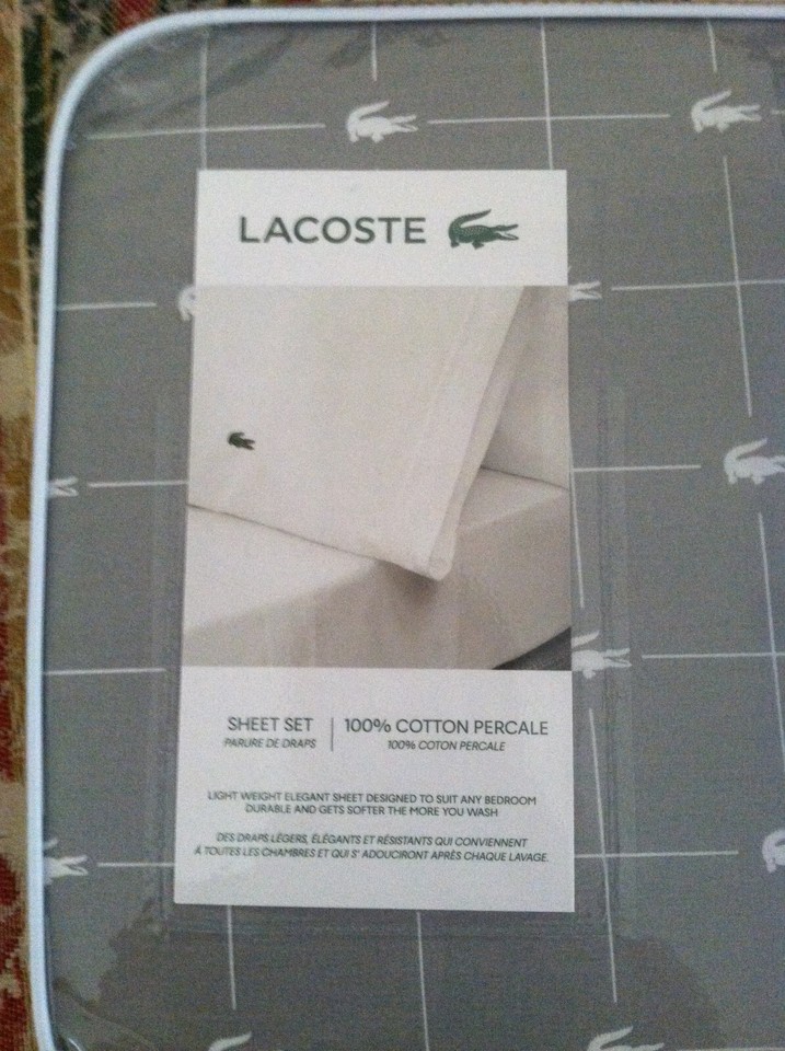 LACOSTE Queen Sheet Set 4 Pc Gray White Logo Print NEW Cotton SOLD OUT ...