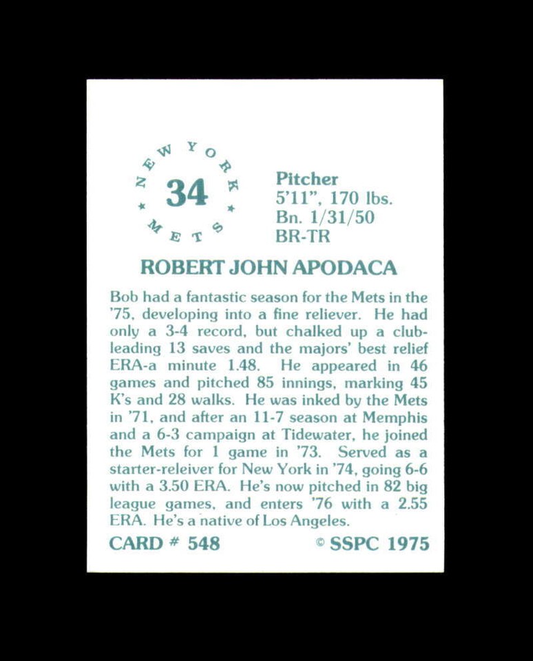 Bob Apodaca Signed 1975 SSPC New York Mets Autograph | eBay