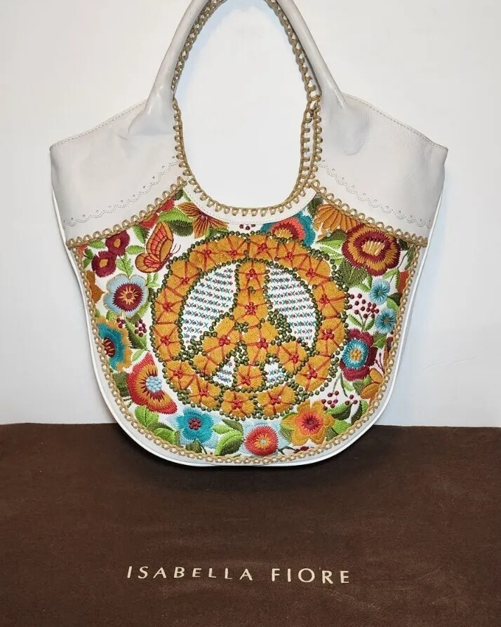 ISABELLA FIORE SAKS PEACE SIGN PIPER EMBROIDERED LEATHER HOBO HANDBAG ...