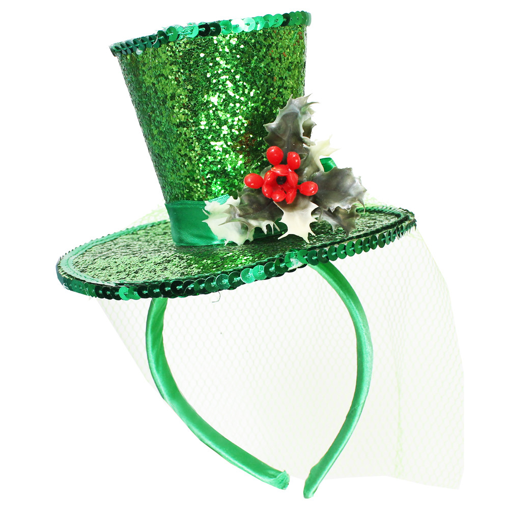 MINI GLITTER TOP HAT WITH HOLLY CHRISTMAS HEADBAND VEIL LADIES PARTY ...