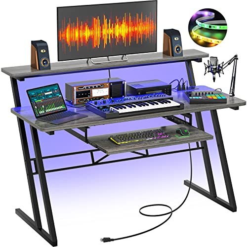 Music Studio Desk with Power Outlets 47"(Built-in Outlets and RGB) Grey ...