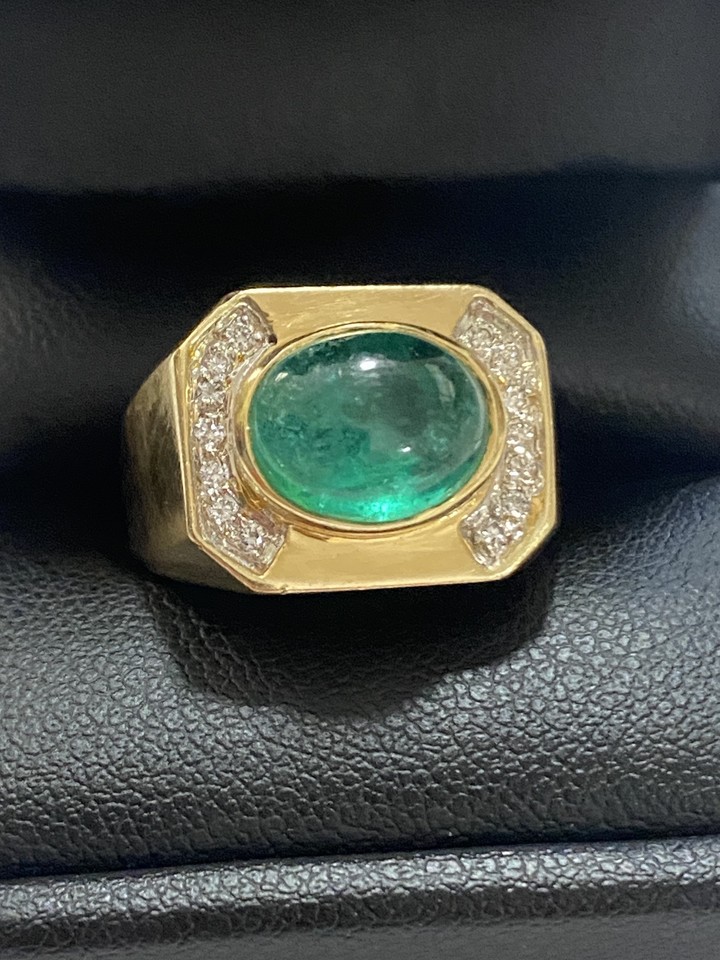 Vintage 14K 585 Men’s Emerald Cabochon Diamond Ring | eBay