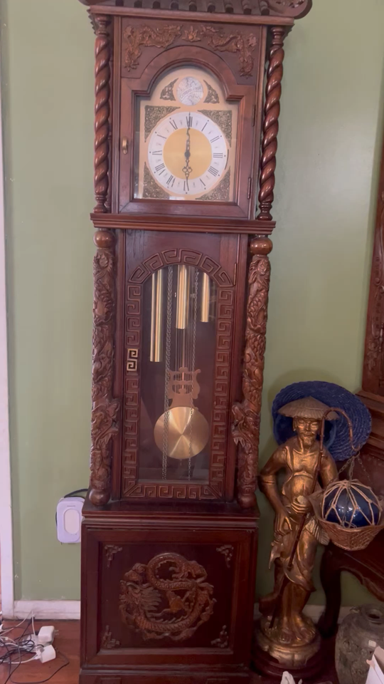 Tempus Fugit Grandfather Clock Asian Wood Carving Dragon Pagoda German ...