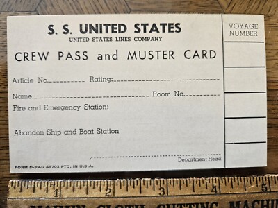 c1955 ss united states ocean liner steamship CREW PASS MUSTER CARD ...