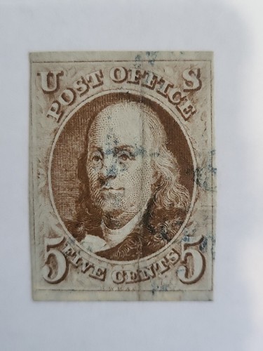 RAS US Scott 1 1847 5c Franklin red brown imperf, 3.5 Margins Light ...