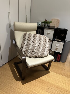 IKEA Poang Armchair - Walnut Frame/Beige Cushion - Pillow Included | eBay