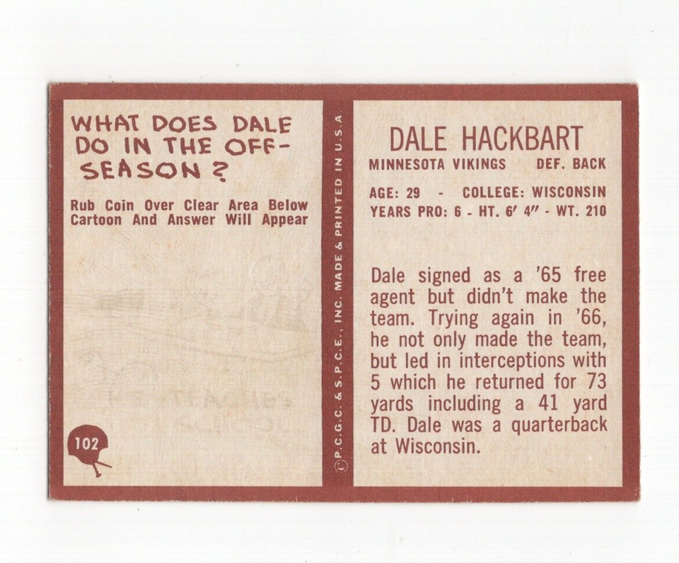1967 PHILADELPHIA GUM FOOTBALL ROOKIE DALE HACKBART MINNESOTA VIKINGS ...