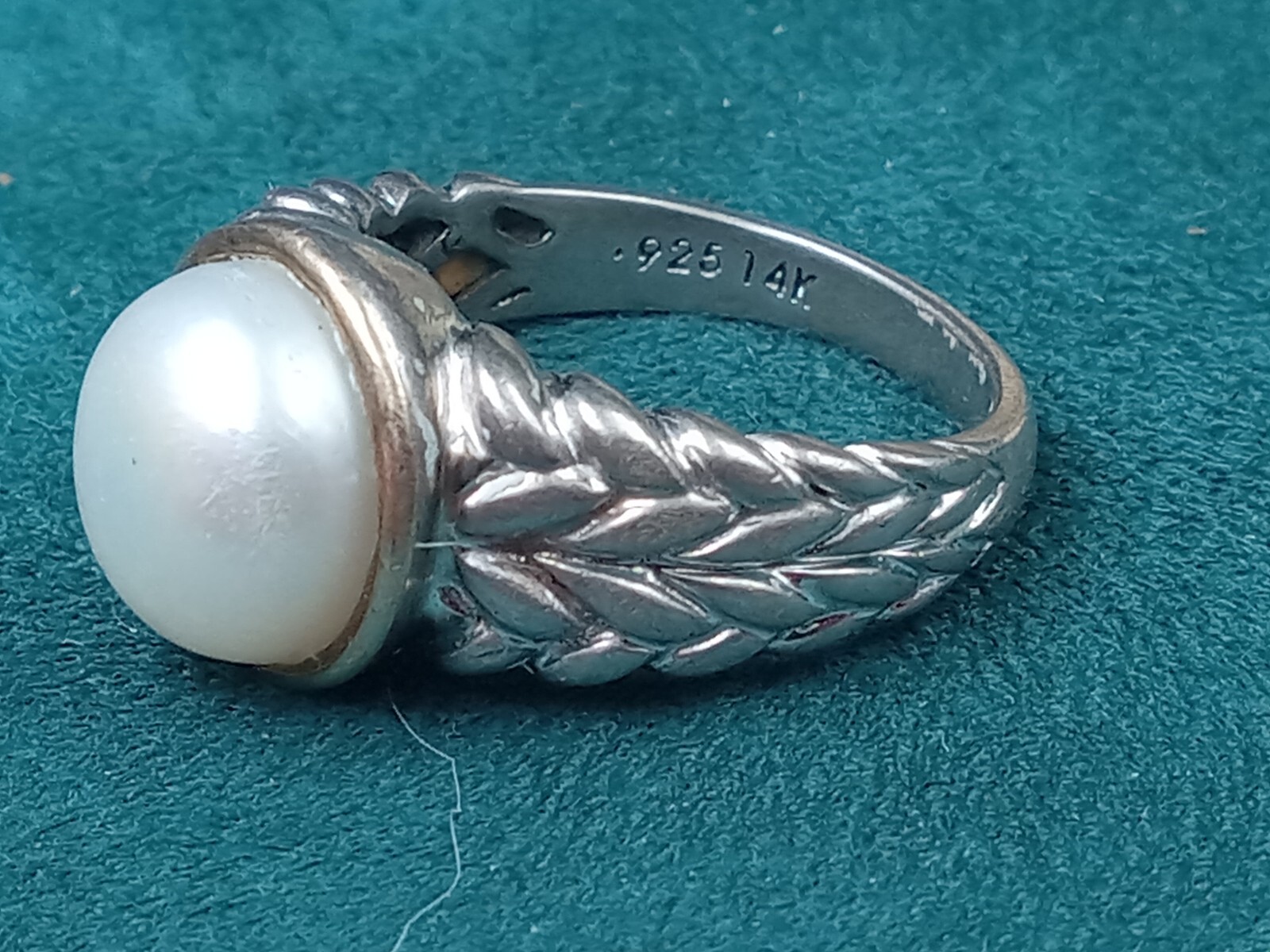 Sterling Silver Ring w. 14K Gold Trim Around Pearl Cabochon Setting ...
