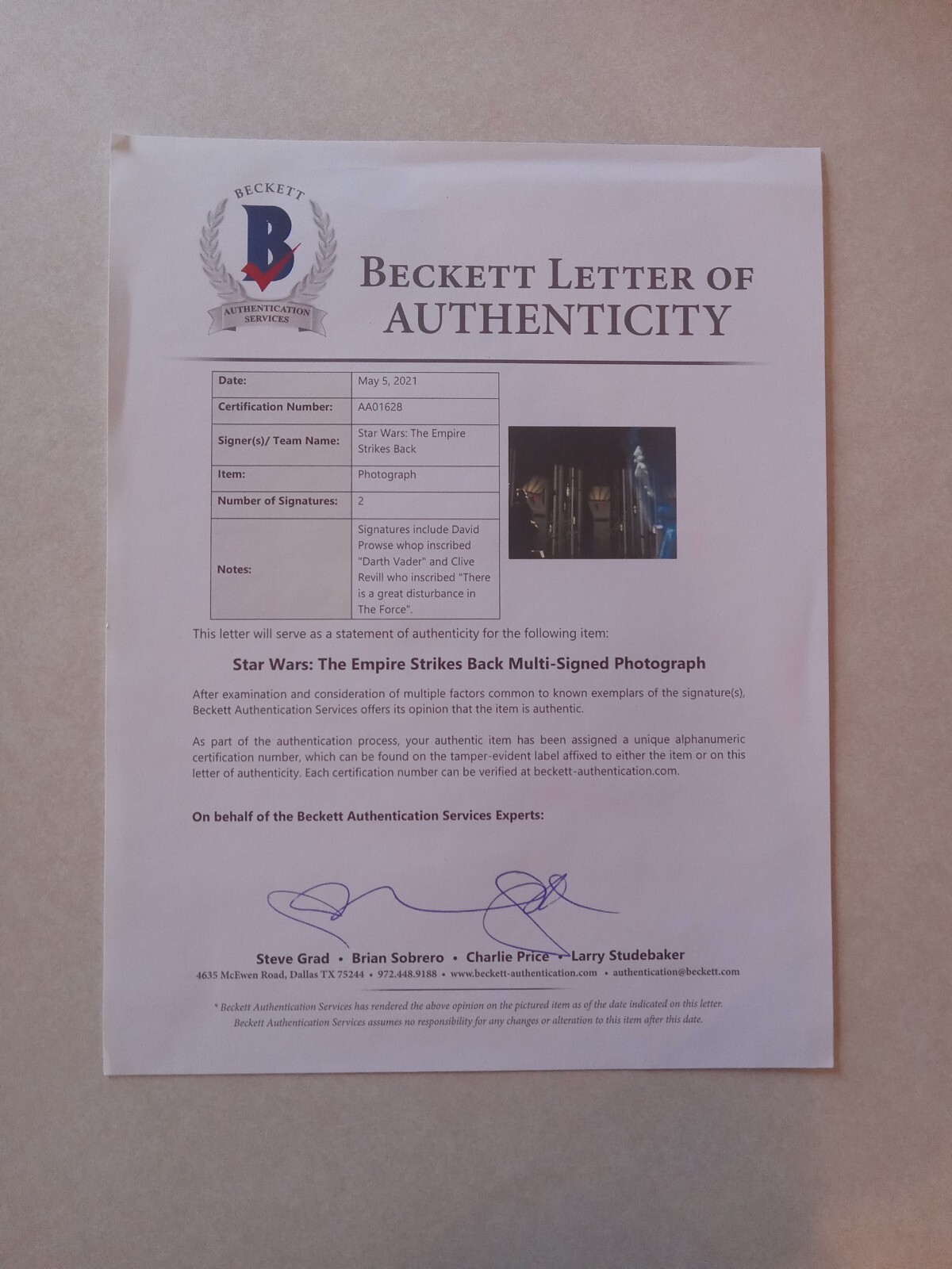 DAVID PROWSE & CLIVE REVILL STAR WARS SIGNED 8x10 BECKETT FULL LETTER ...