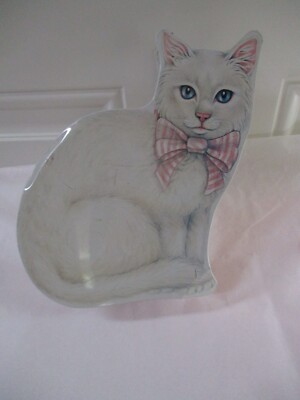 CAT TIN CAT SHAPED TIN WHITE KITTY CAT PINK BOW BLUE EYES EMPTY TIN ...