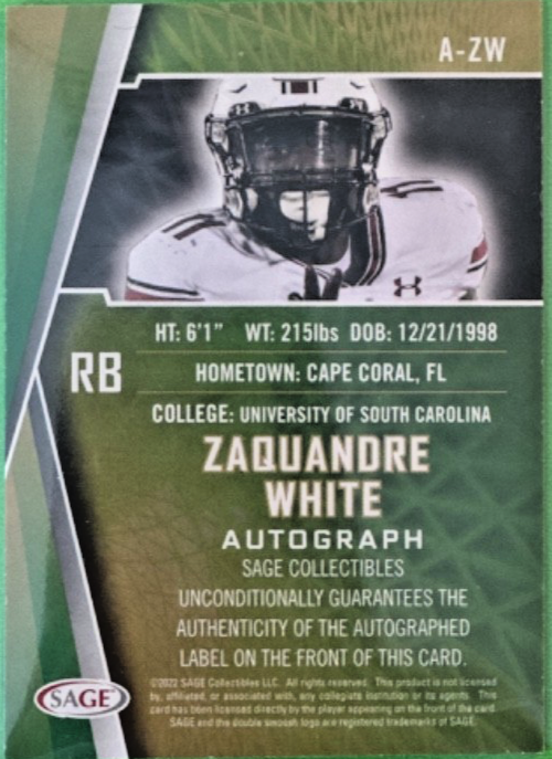 2022 SAGE HIGH SERIES BLACK #AZW ZAQUANDRE WHITE SOUTH CAROLINA ...