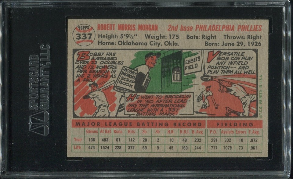 #337 BOBBY MORGAN, Phillies - 1956 Topps: SGC NM 7 1270564-030 | eBay