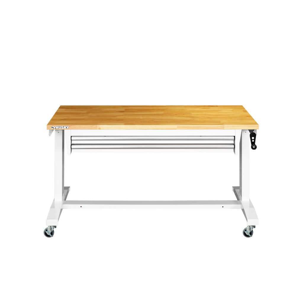 Husky 2-Drawer White Adjustable Height Solid Wood Top Workbench Table ...