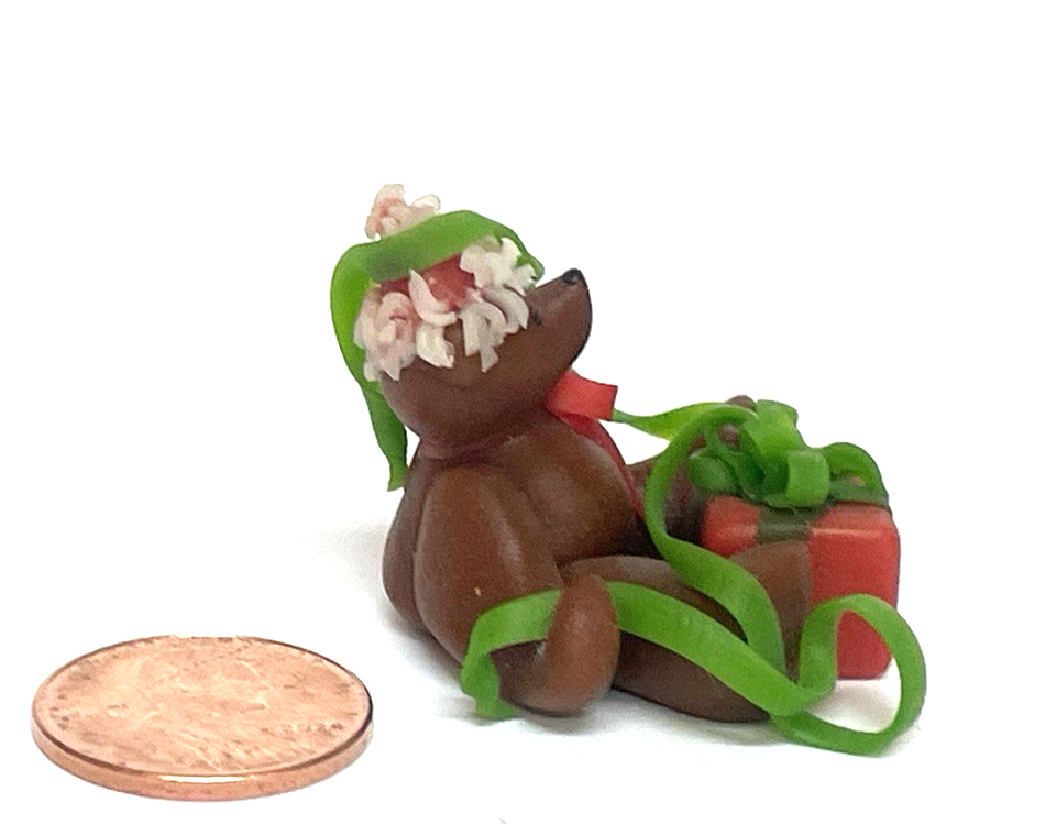 DOLLHOUSE MINIATURE BROWN POLYMER CLAY BEAR TANGLED IN A GREEN RIBBON ...