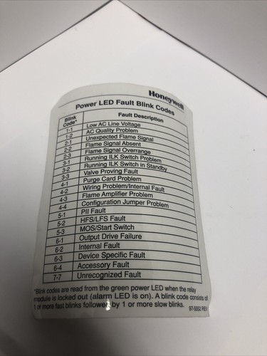 HONEYWELL 7800 Series LED FAULT CODE STICKER-ENGLISH-Burner-Boiler ...