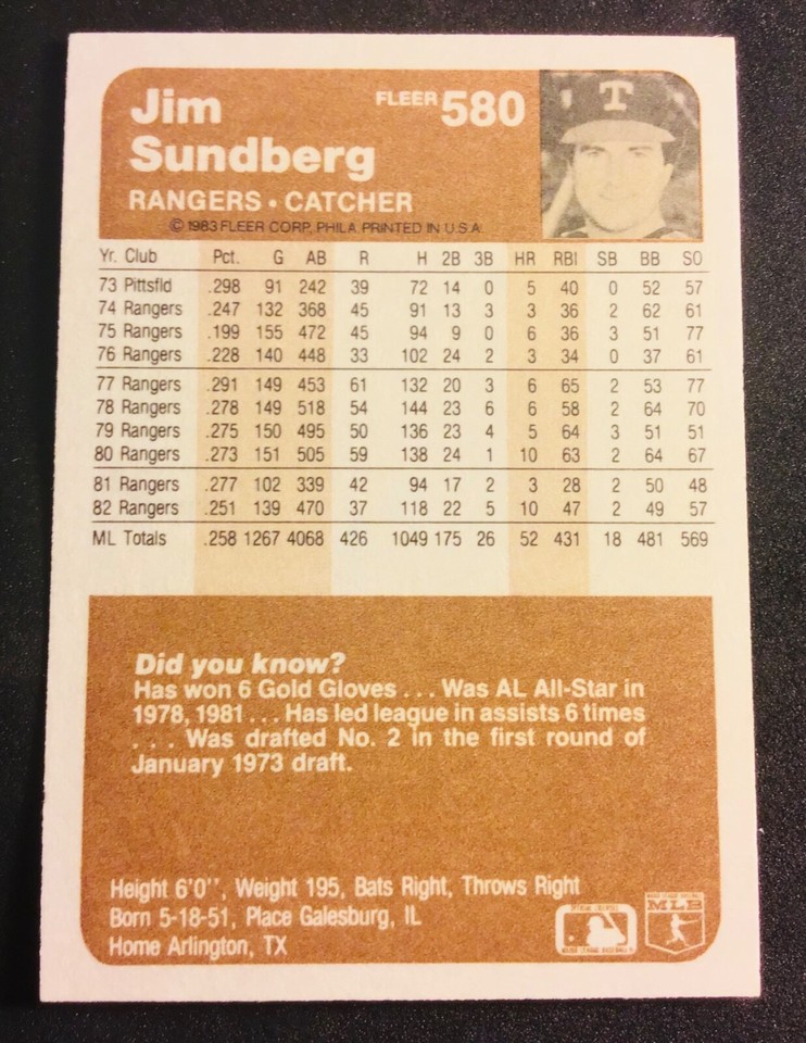 Texas Rangers JIM SUNDBERG signed auto autographed 1983 FLEER card 1985 ...