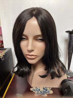 human hair blend wig darkest brown almost black mono top medium size cap | eBay