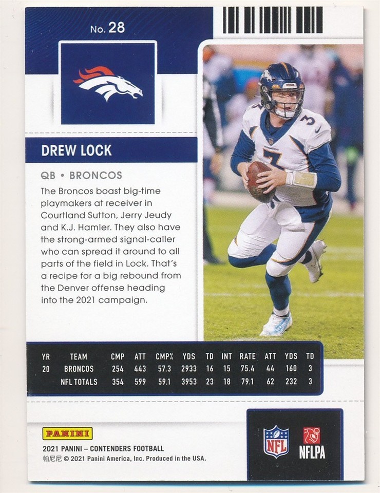 DREW LOCK 2021 PANINI CONTENDERS SEASON TICKET #28 SP BRONCOS #070/199 ...