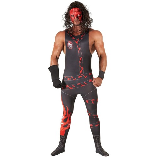 Men`s Official WWE Kane Costume + Mask & Wig Adult Wrestling Wrestler ...