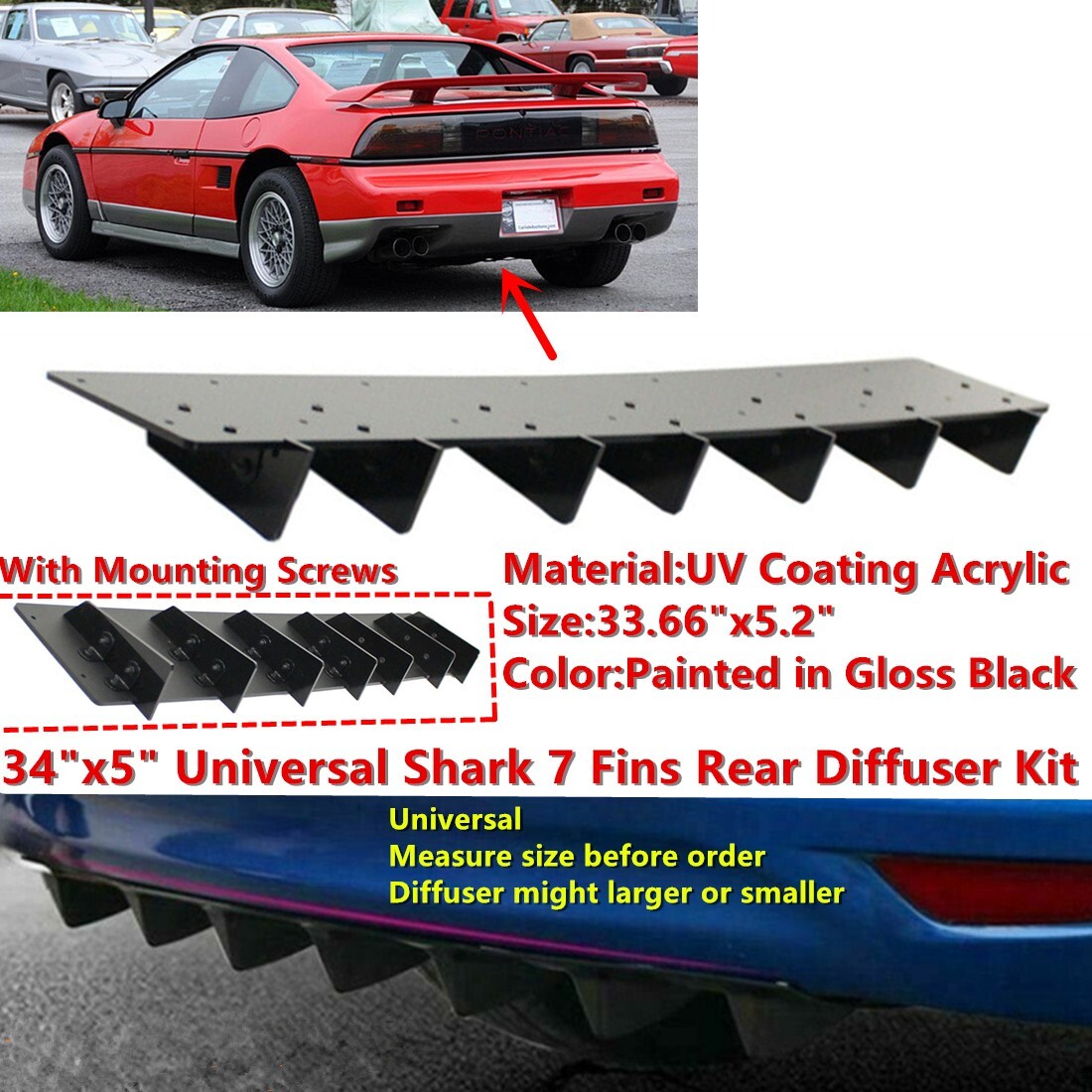 34x5" Universal Rear Diffuser Shark 7 Fin Kits Fit For Pontiac Fiero ...