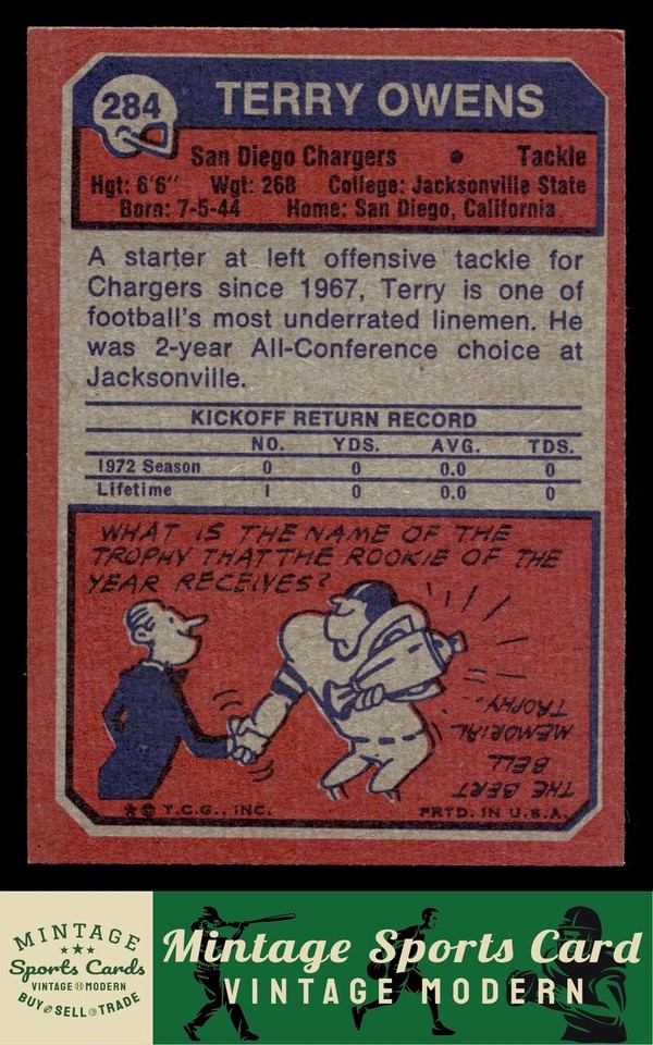1973 Topps - Terry Owens - Rookie RC #284 San Diego Chargers | eBay