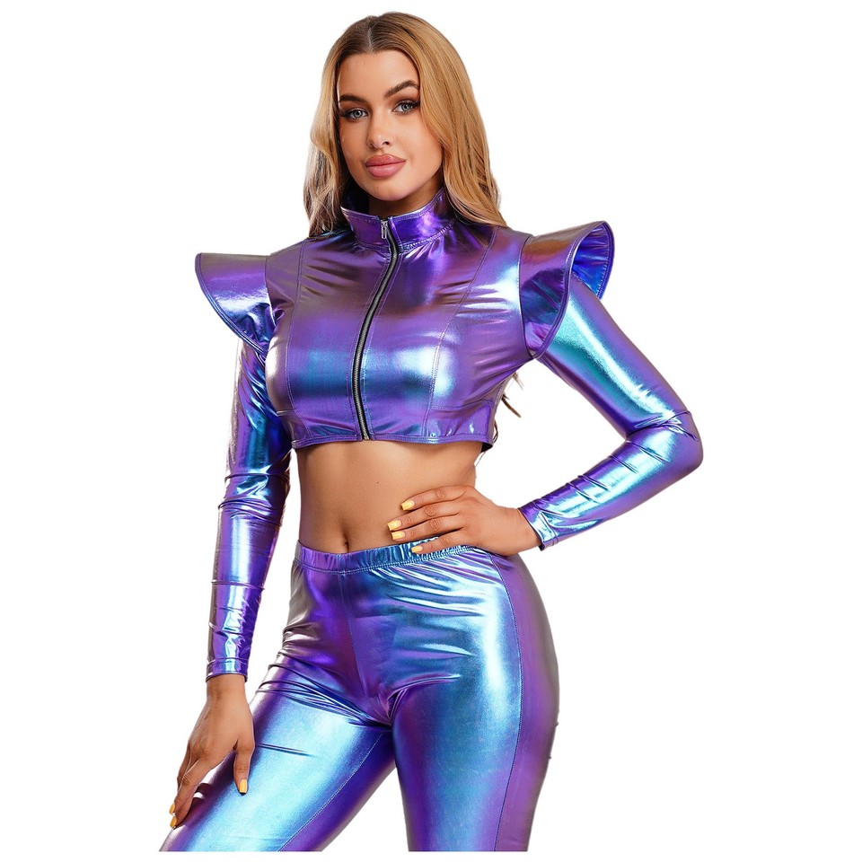 Womens Shiny PVC Leather Tank Top Zipper Long Sleeve Vest Moto Biker ...