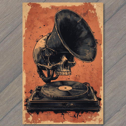 Art Print Skull Gramophone Turntable Horror Record Player Orange Grunge ...