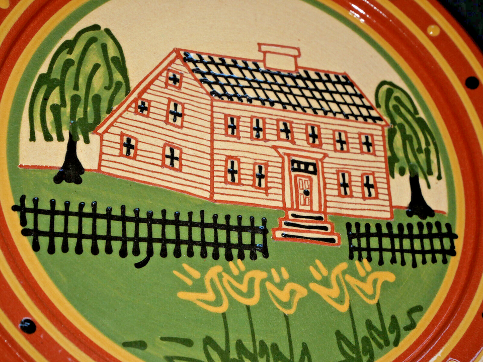 Redware Clay Pottery Multicolor display plate depicting house design ...