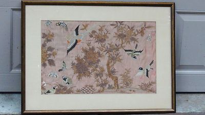 ANTIQUE 18c CHINESE GOLD STITCHES SILK BIRDS & BUTTERFLIES SILK ...