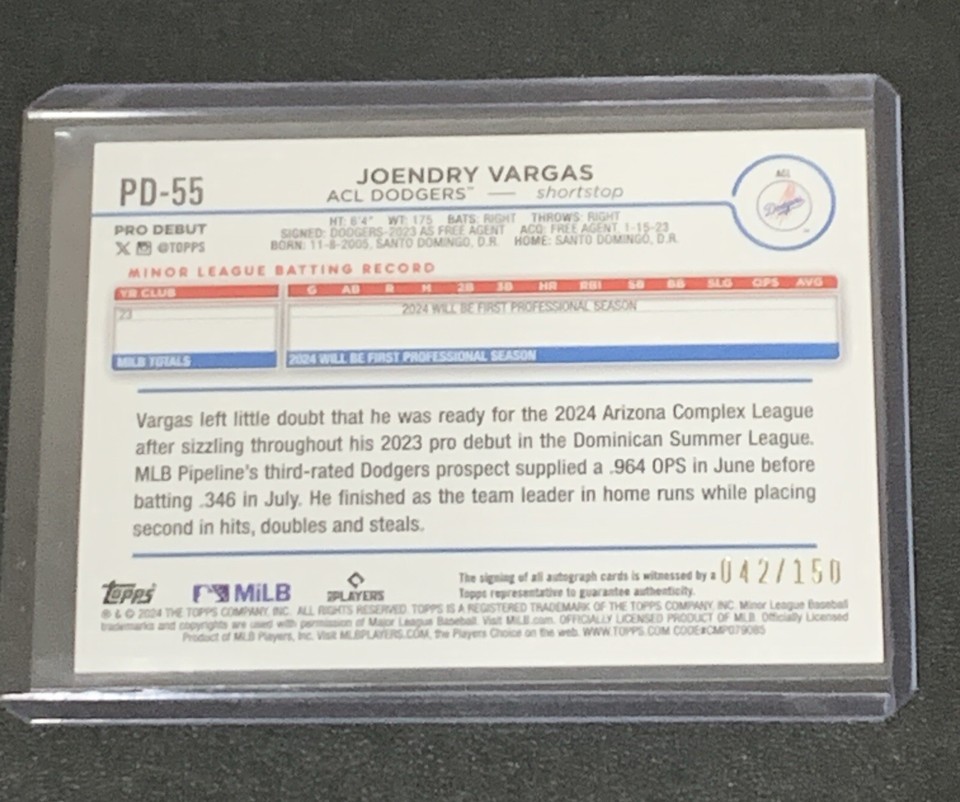 2024 Topps Pro Debut Joendry Vargas Blue Autograph 042/150 No. PD-55 | eBay