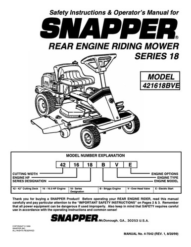 Owner’s Manual Snapper Rear Engine Riding Mower Series 18 - Model ...