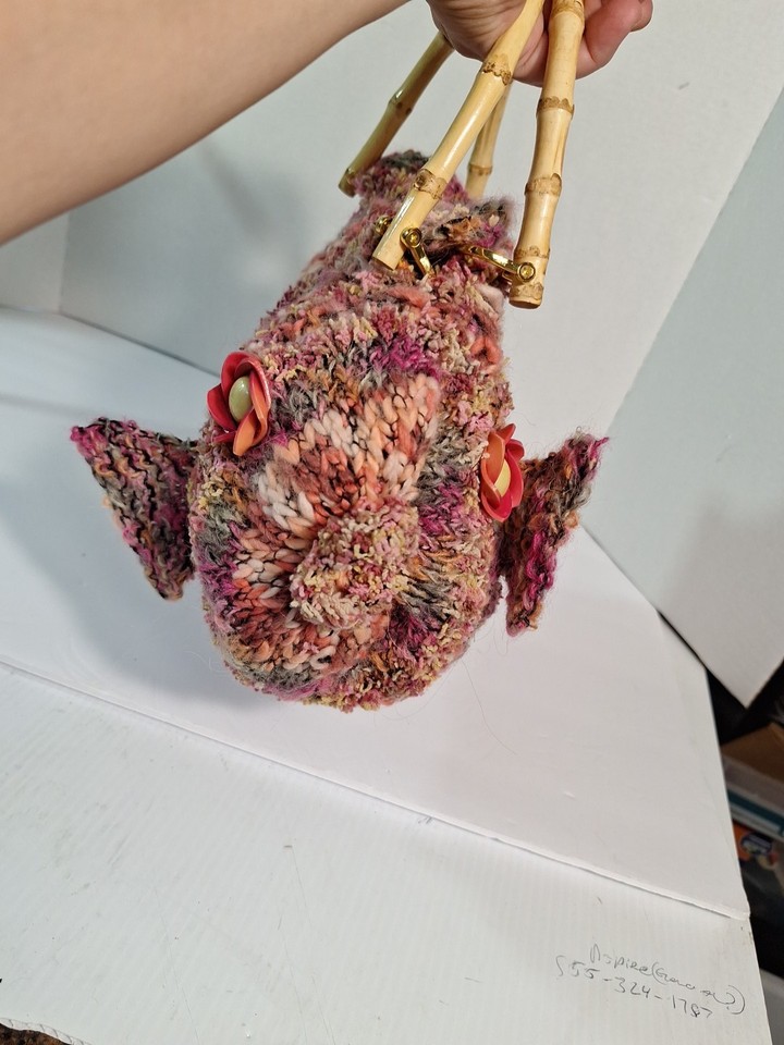 Handmade Knitted Crochet Granny core Funky Fish Purse w/ Scarf & Bamboo ...