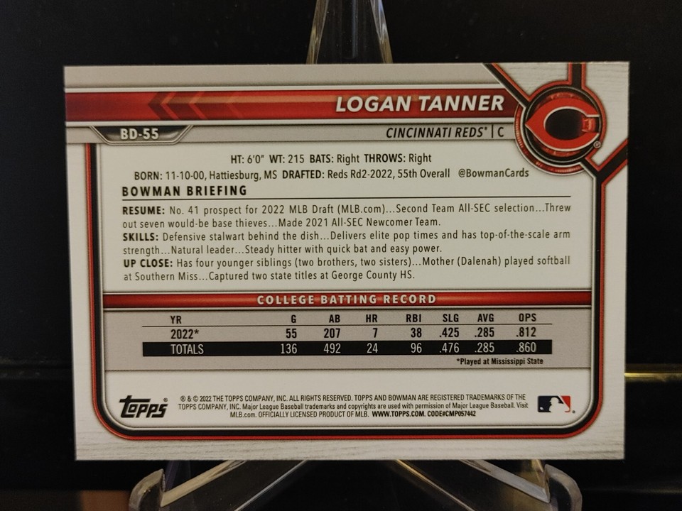 Logan Tanner 2022 1st Bowman Draft 1st Edition #BD-55 - Cincinnati Reds ...