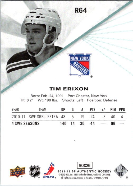 2011 SP Authentic #R64 Tim Erixon - Rookie Extended - UD | eBay