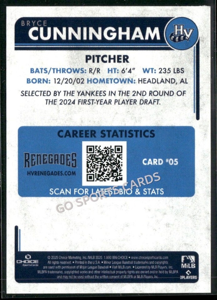 2025 Hudson Valley Renegades Bryce Cunningham RC Rookie Yankees Minor ...