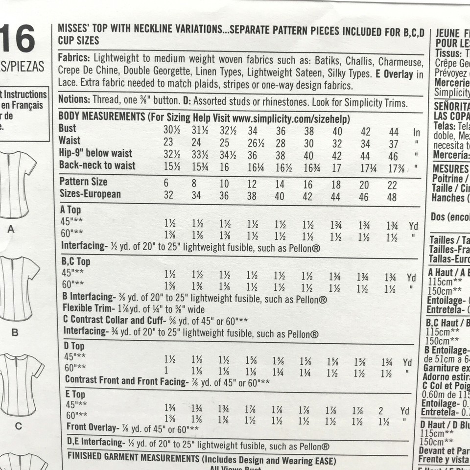 Simplicity 1316 Tops with Princess Seams Size 6 14 Uncut Sewing Pattern ...