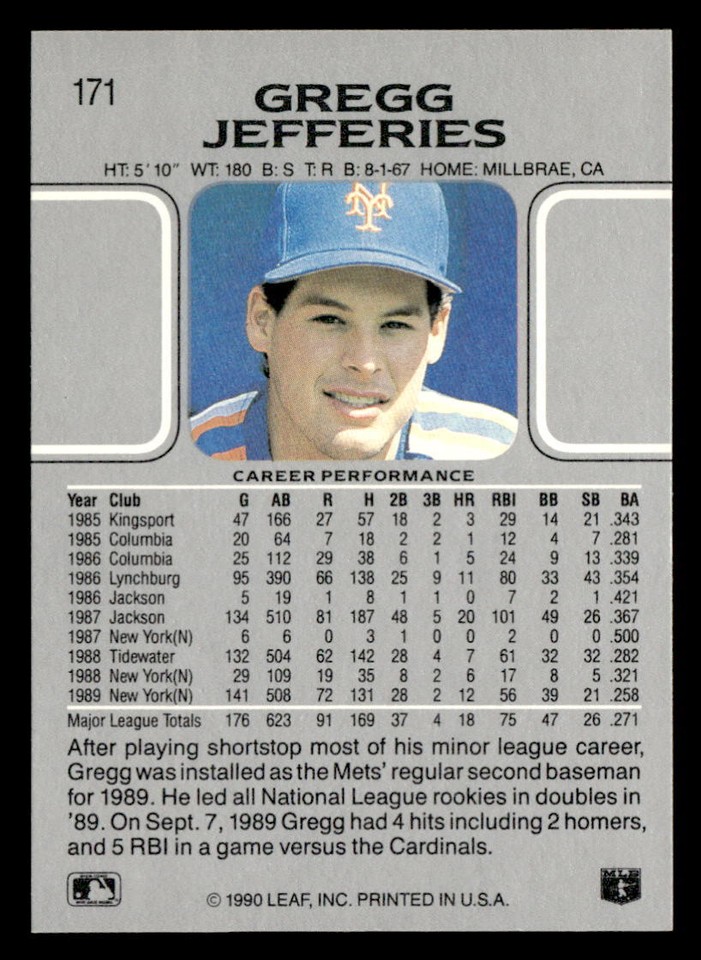 Gregg Jefferies 1990 Leaf Inc Card #171 Mets | eBay