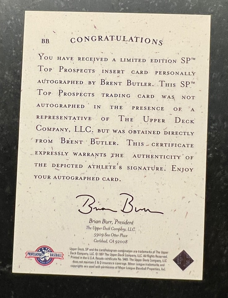 1998 SP Top Prospects Autograph Brent Butler | eBay