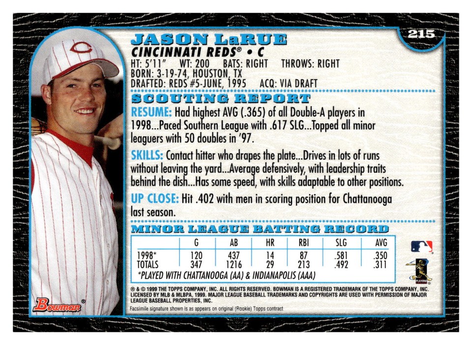 1999 Bowman #215 Jason LaRue Cincinnati Reds Baseball Card NM | eBay