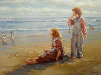 Large original painting on canvas signed G Cirocco children playing at ...