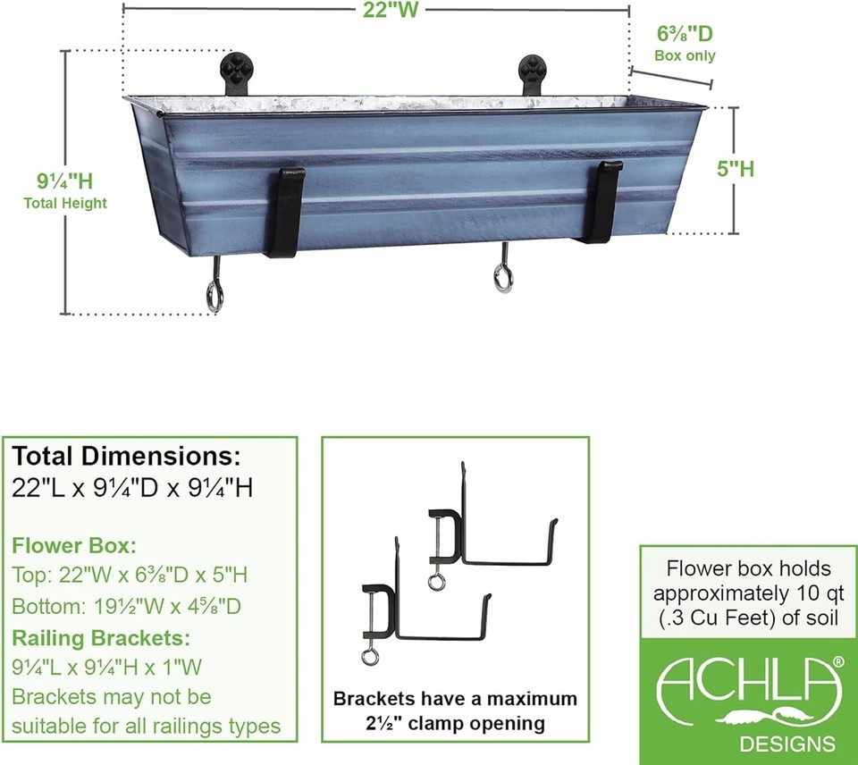 Small Metal Flower Box with Clamp-On Deck Rail Brackets, Vintage ...