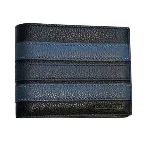 Coach Slim Leather Billfold Mens Wallet Black & Blue Varsity Striped ...