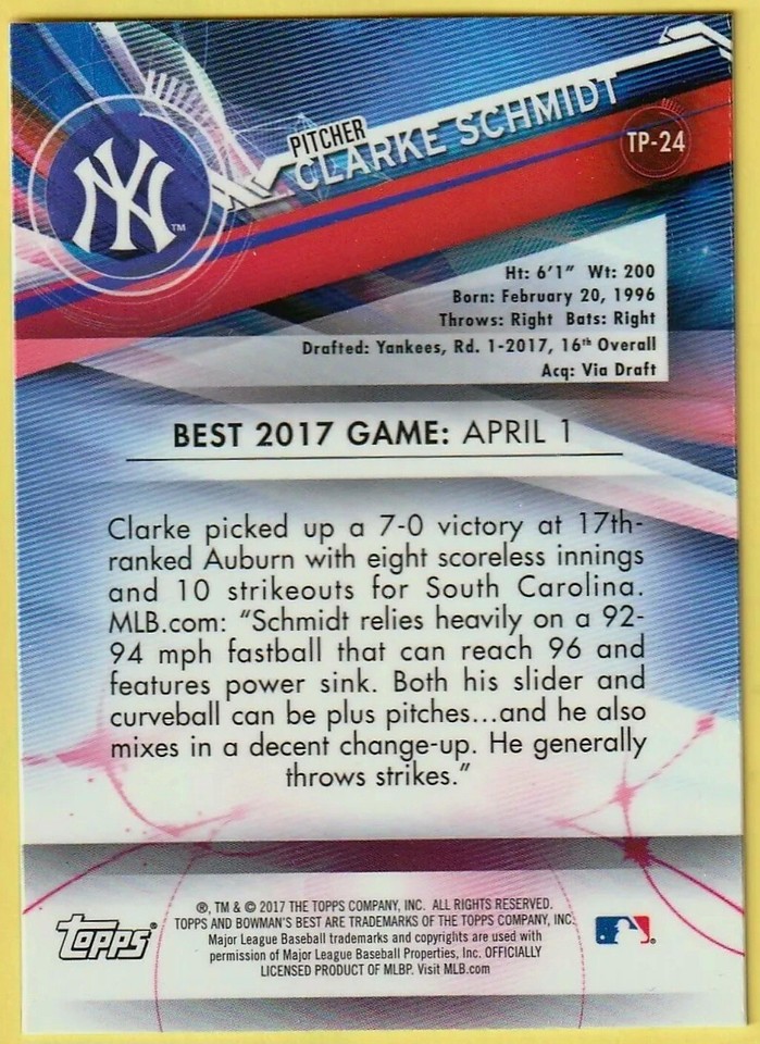 2017 Bowman's Best Top Prospects #TP24 Clarke Schmidt Yankees 1st ...