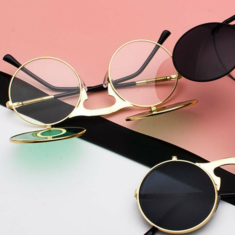 Steampunk Sun Glasses Round Sunglasses Retro Vintage Flip Up Cyber Punk ...