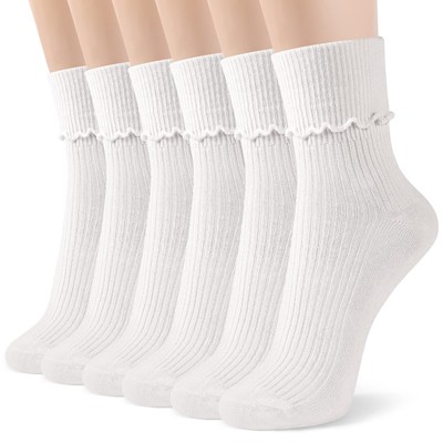 6 Pairs Girls Socks Ruffle Baby Frilly Turn cuff Socks White 7-10 Years ...