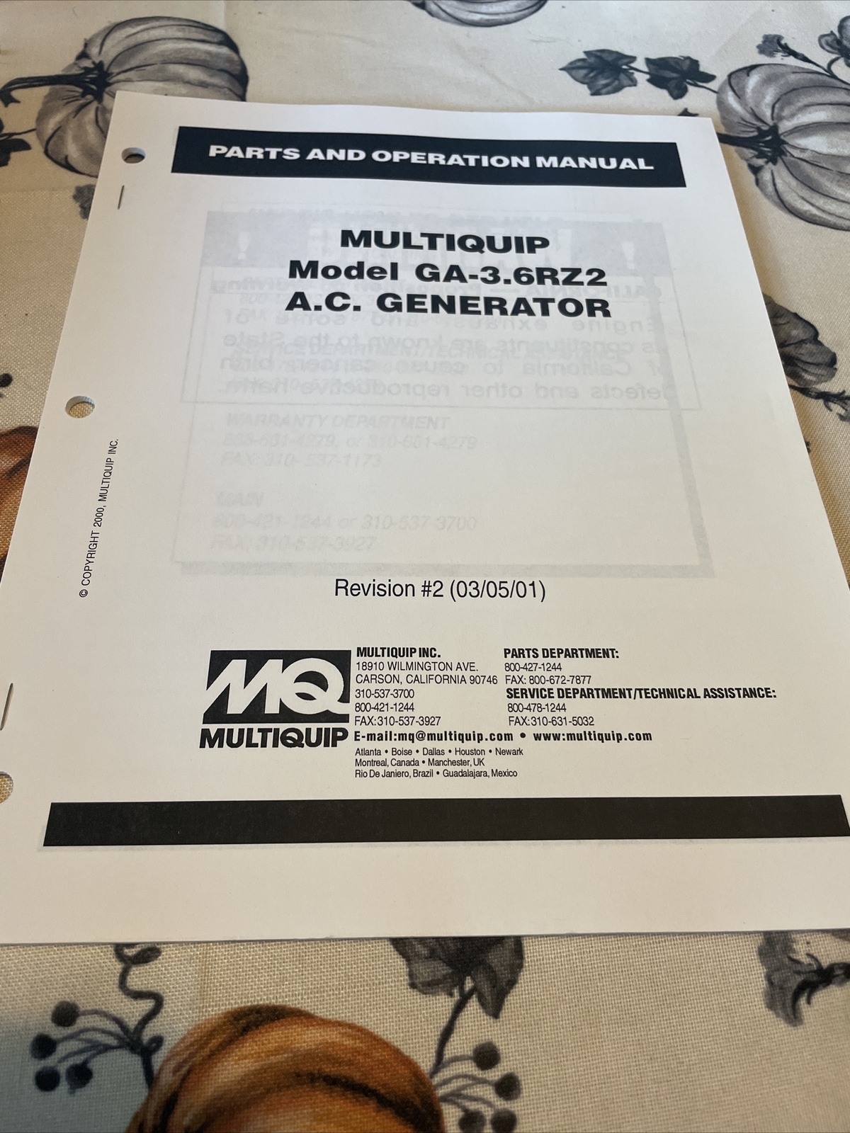 Multiquip GA-3.6RZ2 Generator Instruction Service Parts Manual Book ...