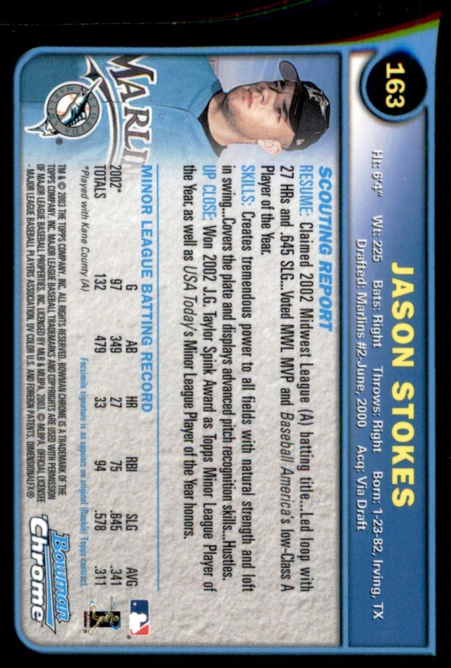 2003 BOWMAN JASON STOKES FLORIDA MARLINS #163 | eBay