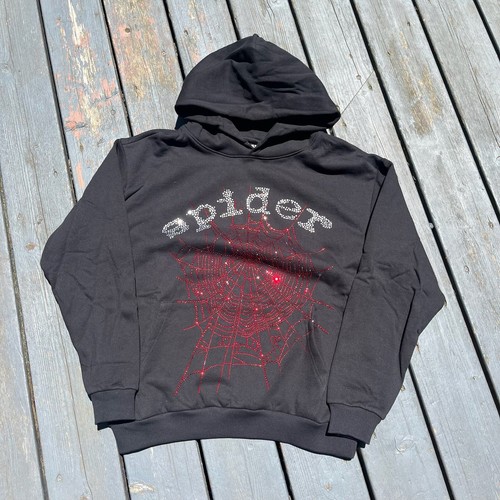 Spider Red Rhinestone Black Web Hoodie Size Large | eBay