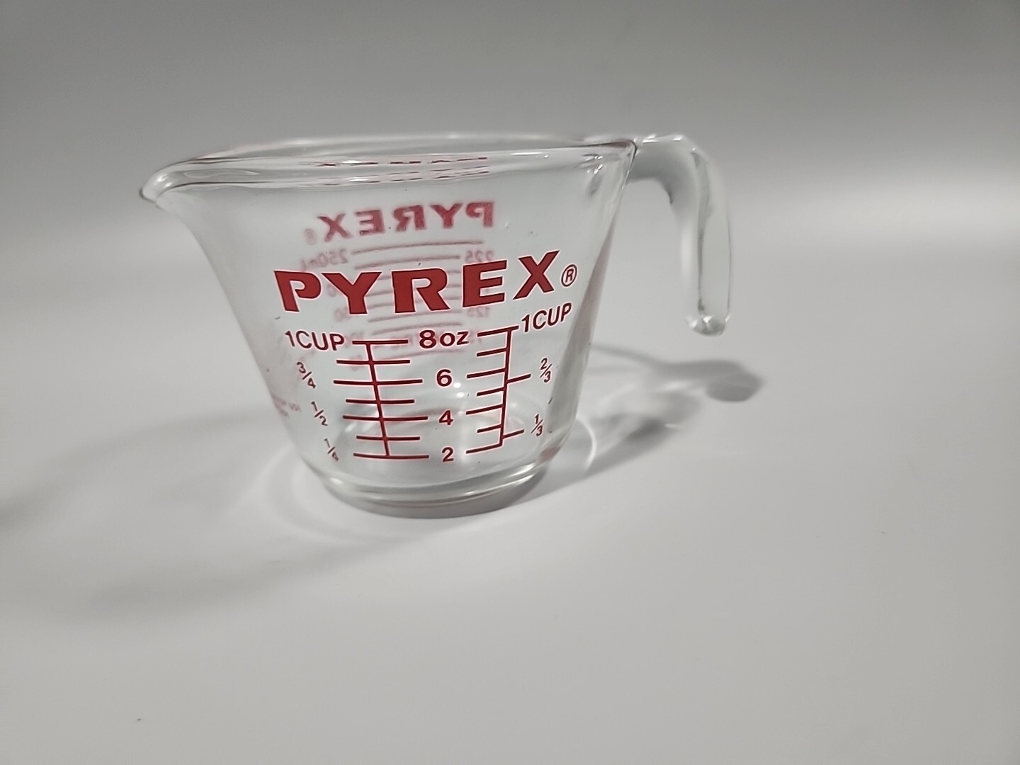 VTG Pyrex 508 Measuring 1 Cup, 8oz. Red Lettering Open J Hook Handle Glass USA | eBay