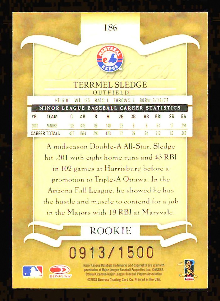2003 Donruss Classics #186 Terrmel Sledge /100 Timeless Tributes RC ...